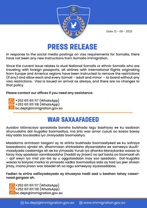 Somali Immigration Clarifies Visa Requirements for Somalia – Radio Muqdisho